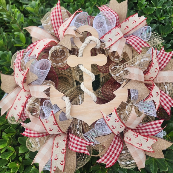 Holiday | Burgundy And Beige Anchor Wreath Nautical Wreath Deco Mesh ...
